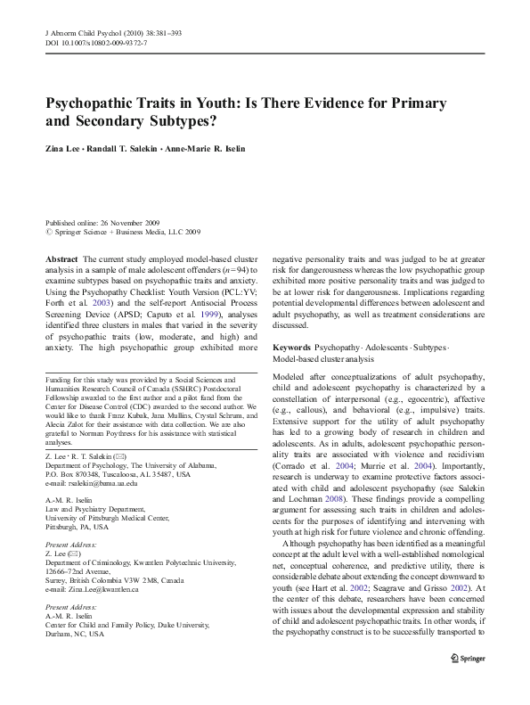 (PDF) Psychopathic Traits in Youth: Is There Evidence for Primary and ...