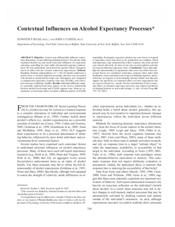 (PDF) Contextual influences on alcohol expectancy processes