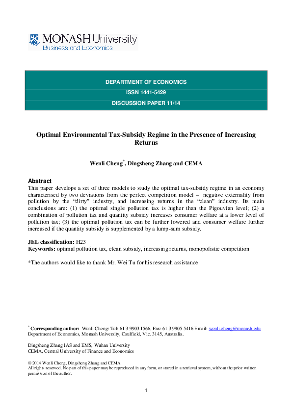 (PDF) Optimal Environmental Tax-Subsidy Regime in the Presence of ...