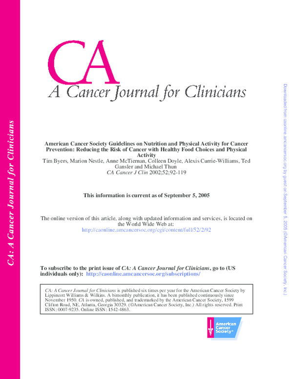 Pdf American Cancer Society Guidelines On Nutrition And Physical