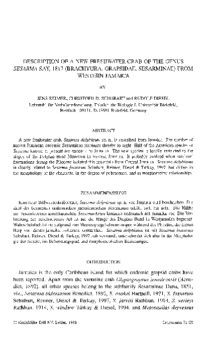 (PDF) Description of a New Freshwater Crab of the Genus Sesarma Say ...