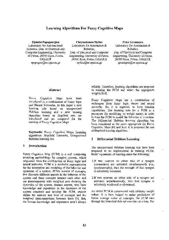 (PDF) Learning algorithms for fuzzy cognitive maps