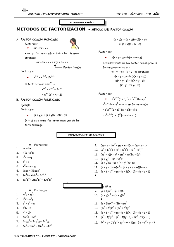 (DOC) MÉTODOS DE FACTORIZACIÓN -MÉTODO DEL FACTOR COMÚN COLEGIO PREUNIVERSITARIO " TRILCE " III ...