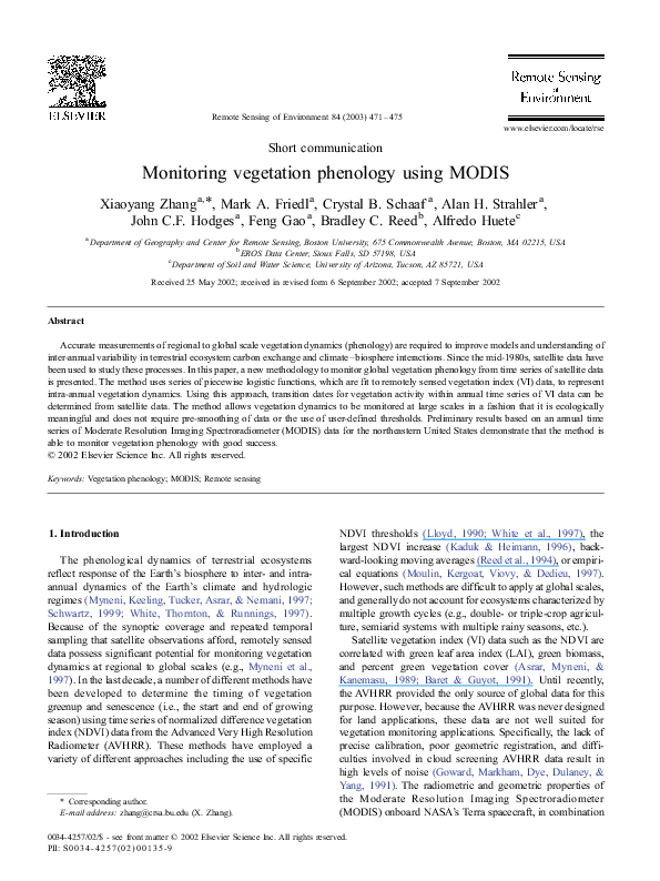 Pdf Monitoring Vegetation Phenology Using Modis