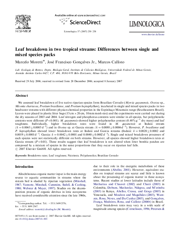 (PDF) Leaf breakdown in two tropical streams: Differences between ...