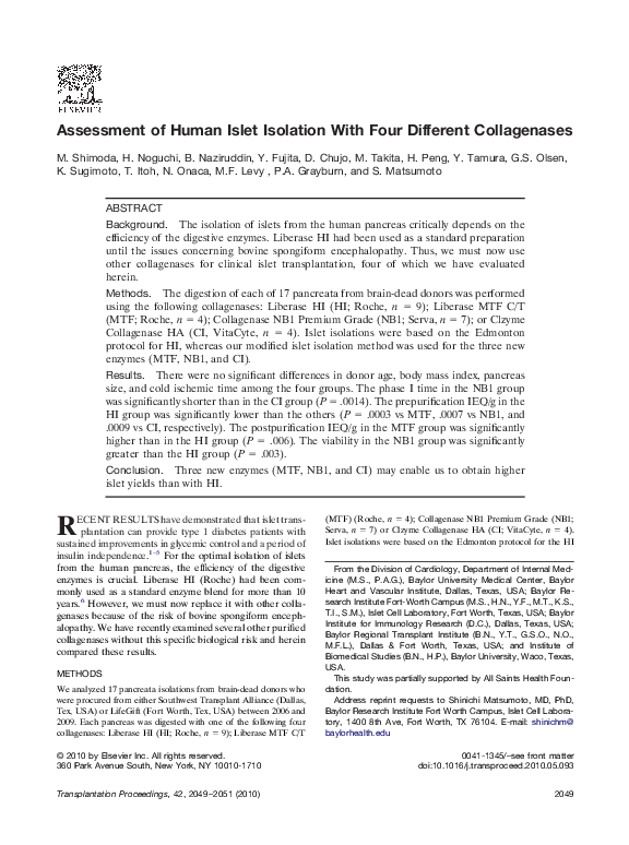 (PDF) Assessment of Human Islet Isolation With Four Different Collagenases
