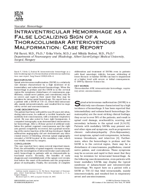 (PDF) Intraventricular hemorrhage as a false localizing sign of a ...