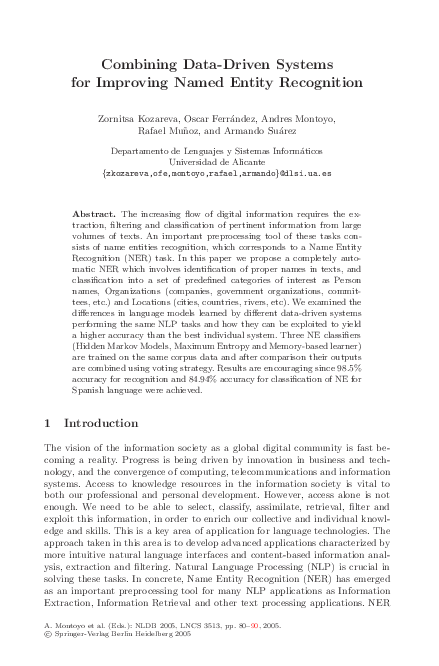 (PDF) Combining data-driven systems for improving Named Entity Recognition | Zornitsa Kozareva ...
