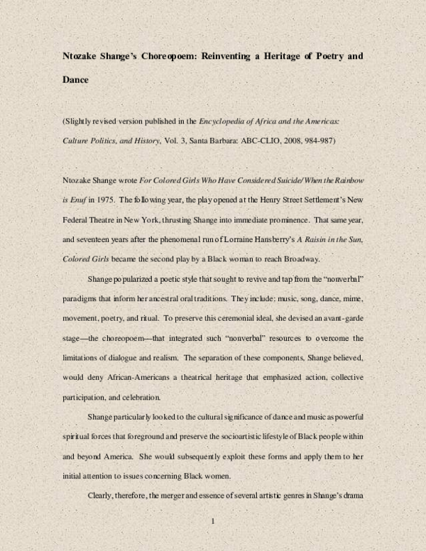 (PDF) Ntozake Shange's Choreopoem