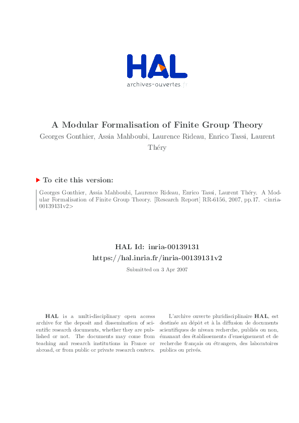(PDF) A Modular Formalisation of Finite Group Theory