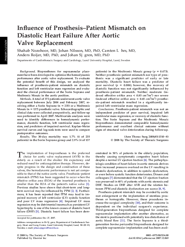 (PDF) Influence of Prosthesis–Patient Mismatch on Diastolic Heart Failure After Aortic Valve ...