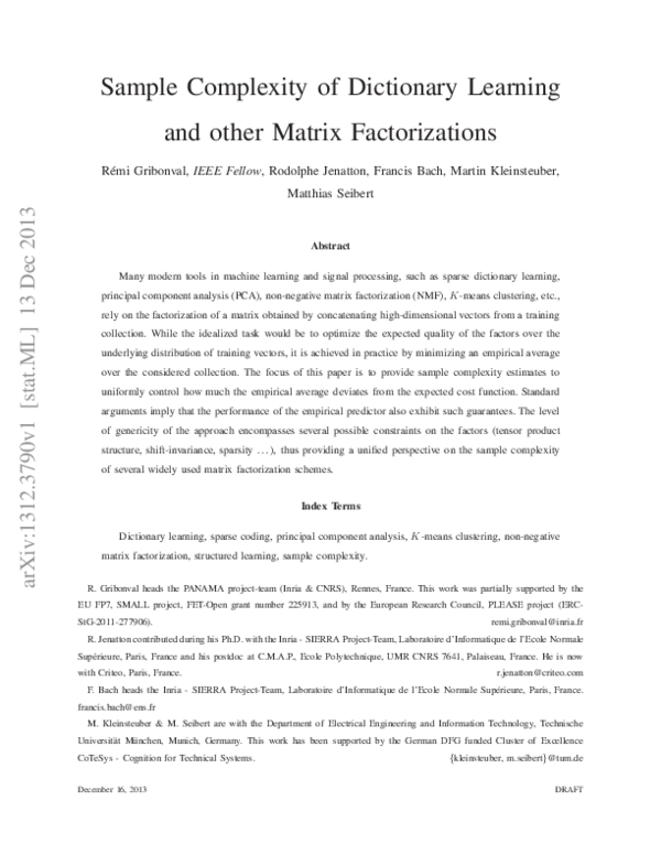 (PDF) Sample Complexity of Dictionary Learning and Other Matrix ...