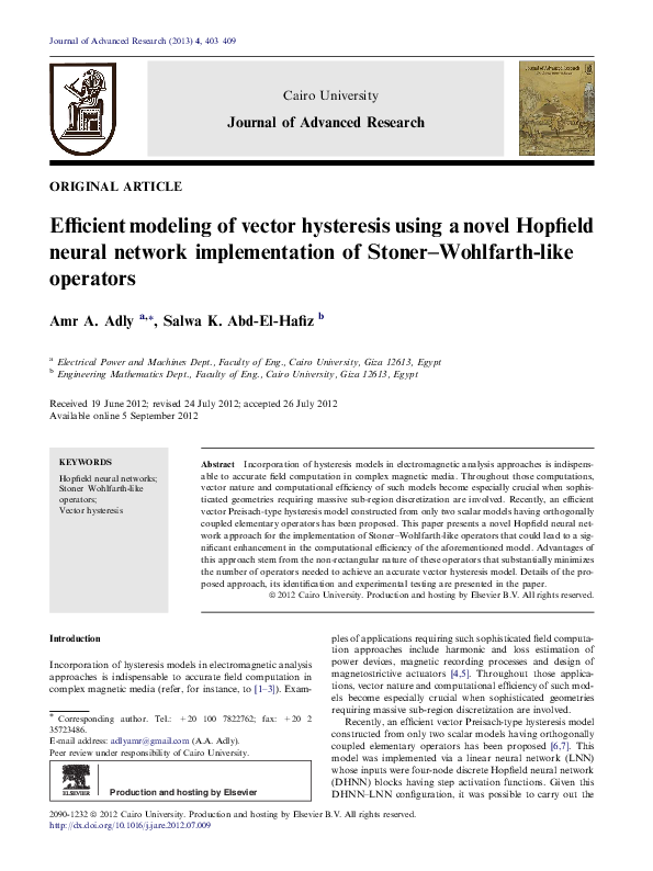 (PDF) Efficient modeling of vector hysteresis using a novel Hopfield neural network ...