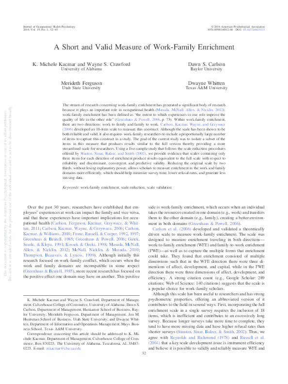 (PDF) A short and valid measure of work-family enrichment