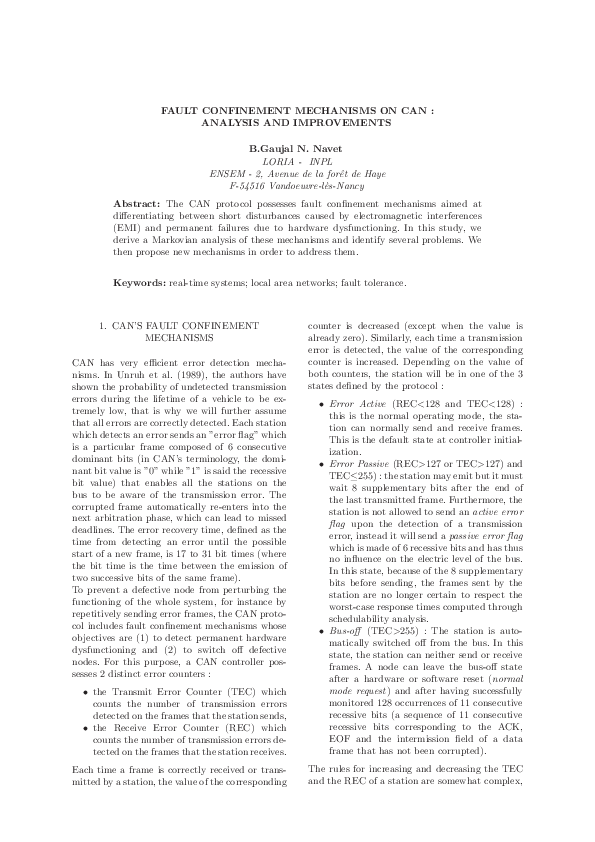 (PDF) Fault Confinement Mechanisms on CAN: Analysis and Improvements