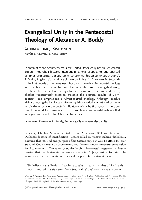 (PDF) Richmann-Evangelical Unity in the Pentecostal Theology of Alexander A. Boddy
