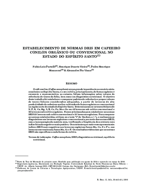 (PDF) Estabelecimento de normas DRIS em cafeeiro conilon orgânico ou convencional no estado do ...