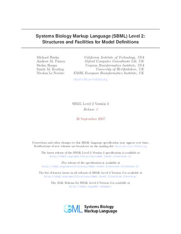 (PDF) Systems Biology Markup Language (SBML) Level 2: Structures and ...