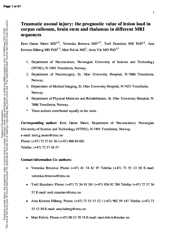 (PDF) Traumatic axonal injury: the prognostic value of lesion load in ...