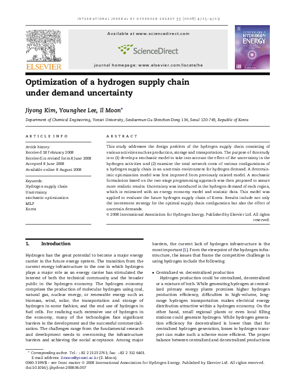 (PDF) Optimization of a hydrogen supply chain under demand uncertainty