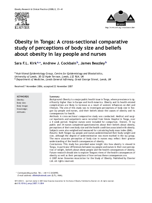 (PDF) Obesity in Tonga: A cross-sectional comparative study of ...