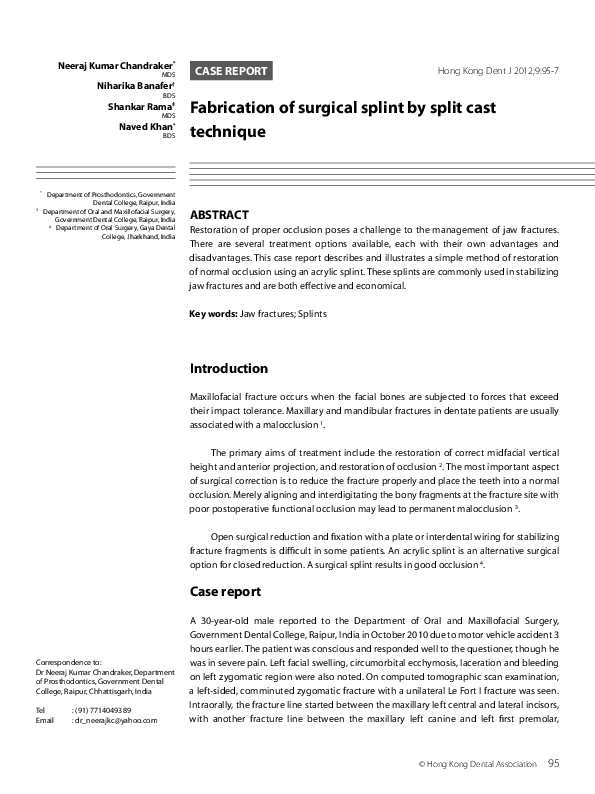 (PDF) Fabrication of surgical splint by split cast technique
