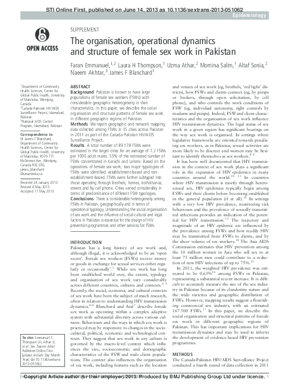 Pdf The Organisation Operational Dynamics And Structure Of Female Sex Work In Pakistan