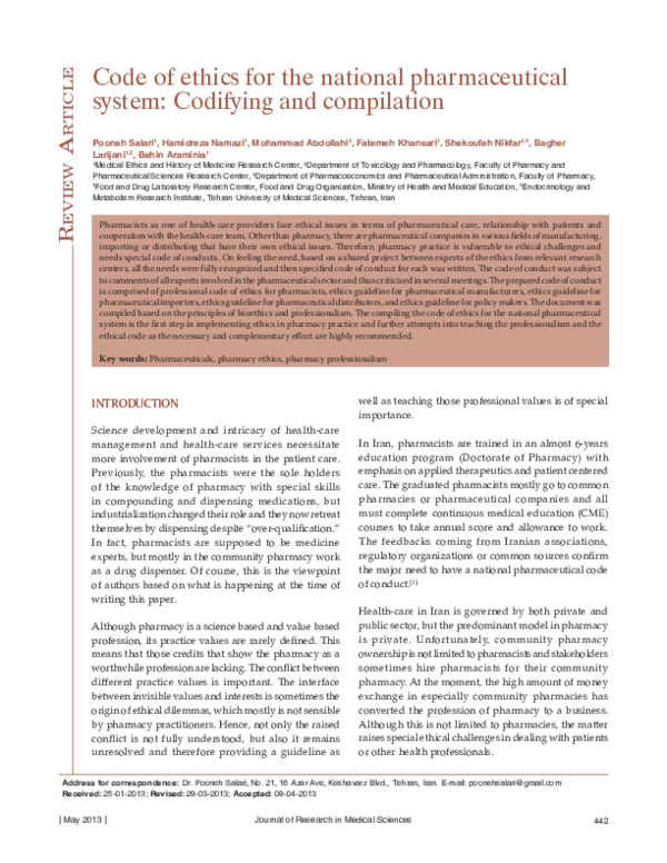 (PDF) Code of ethics for the national pharmaceutical system: Codifying ...