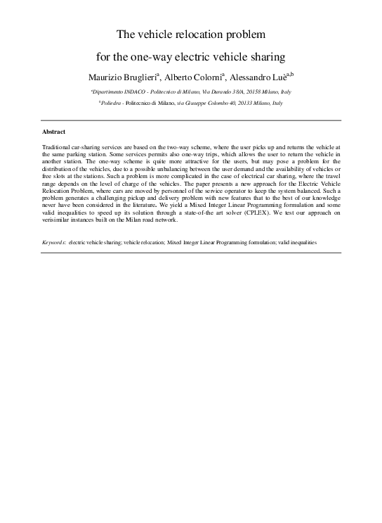 Pdf The Relocation Problem For The One Way Electric Vehicle Sharing