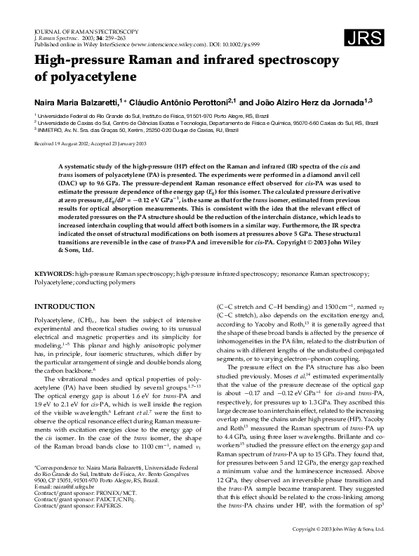 (PDF) High-pressure Raman and infrared spectroscopy of polyacetylene