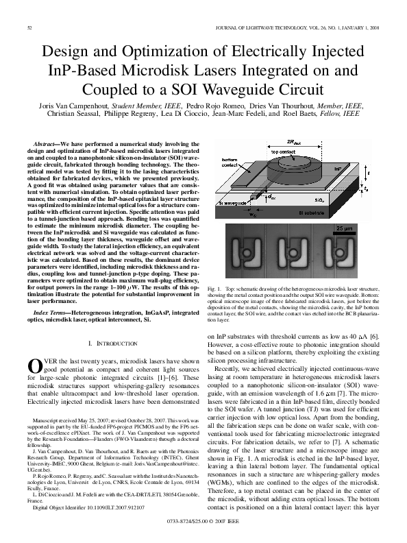 Pdf Design And Optimization Of Electrically Injected Inp Based Microdisk Lasers Integrated On