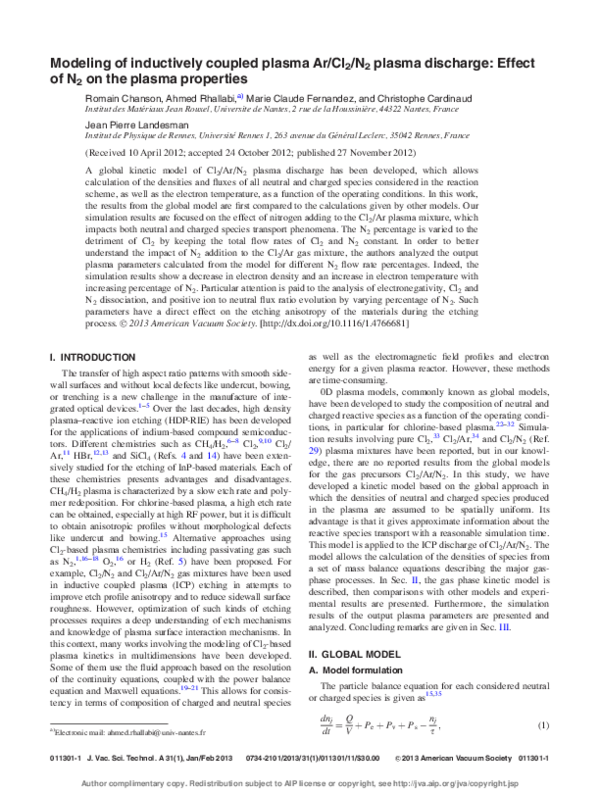 (PDF) Modeling of inductively coupled plasma Ar/Cl2/N2 plasma discharge: Effect of N2 on the ...