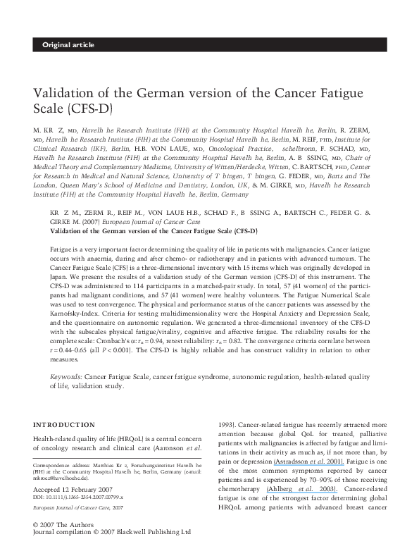 (PDF) Validation of the German version of the Cancer Fatigue Scale (CFS-D)