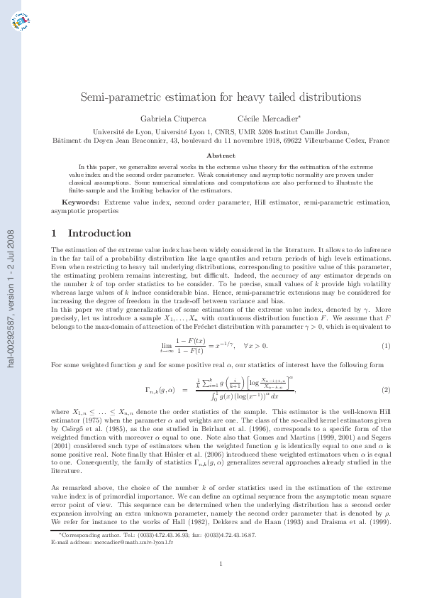 Pdf Semi Parametric Estimation For Heavy Tailed Distributions