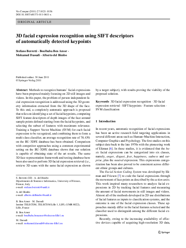 (PDF) Partial Match of 3D Faces using Facial Curves between SIFT Keypoints | Stefano Berretti ...