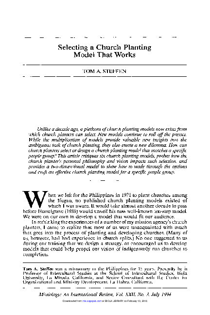 (PDF) Selecting a Church Planting Model That Works