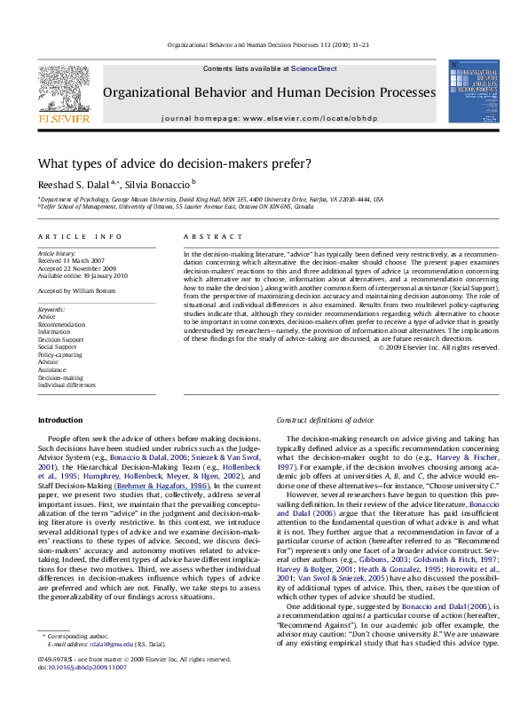 (PDF) What types of advice do decision-makers prefer?