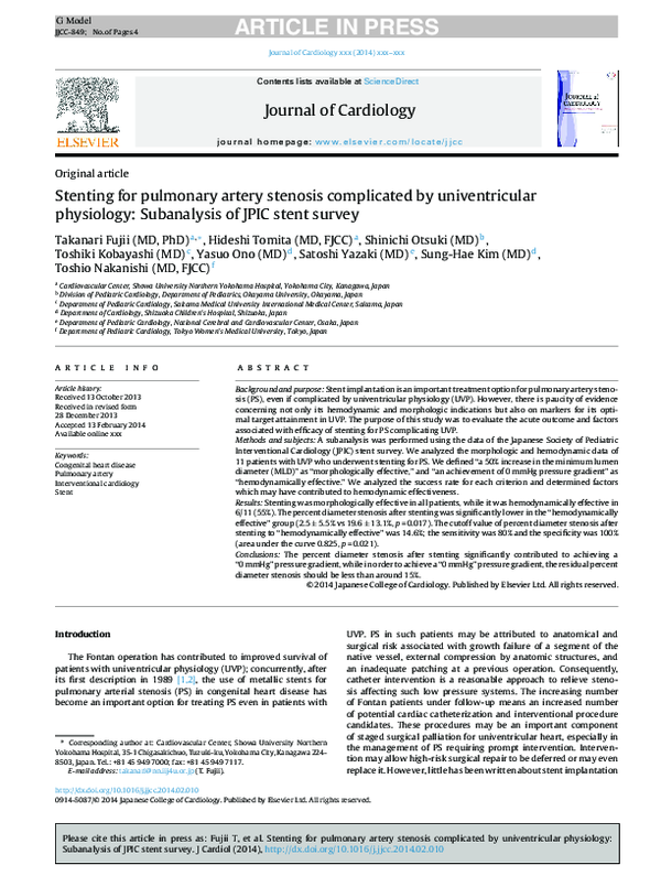 (PDF) Stenting Outcomes in Univentricular Pulmonary Stenosis