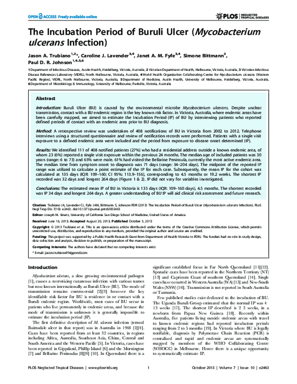 (PDF) The Incubation Period of Buruli Ulcer (Mycobacterium ulcerans Infection)