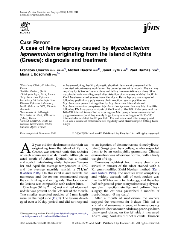 (PDF) A case of feline leprosy caused by Mycobacterium lepraemurium ...