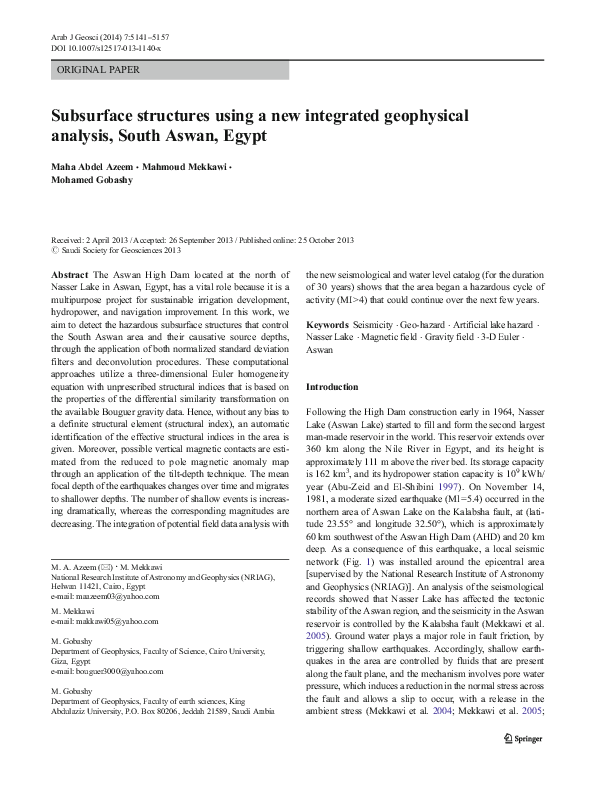 (PDF) Subsurface structures using a new integrated geophysical analysis, South Aswan-Egypt.