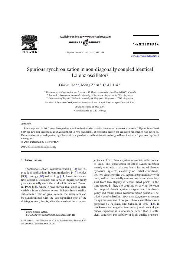 (PDF) Spurious synchronization in non-diagonally coupled identical Lorenz oscillators