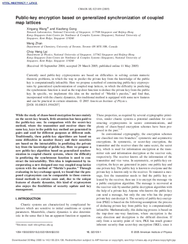 Pdf Public Key Encryption Based On Generalized Synchronization Of Coupled Map Lattices 5271