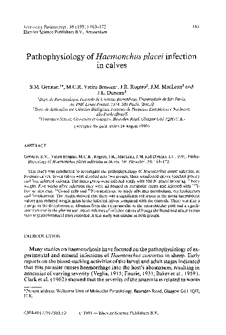 (PDF) Pathophysiology of Haemonchus placei infection in calves
