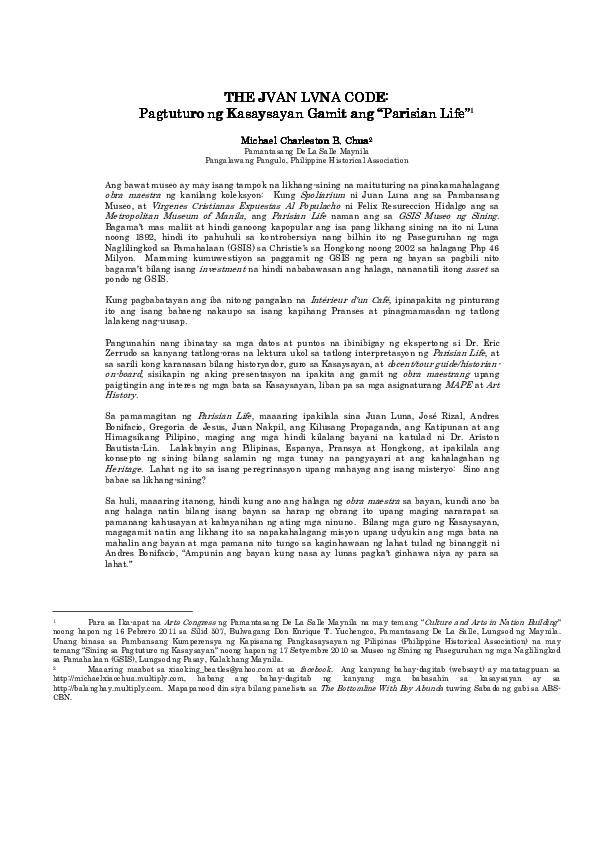 (PDF) THE JVAN LVNA CODE: Pagtuturo ng Kasaysayan Gamit ang “Parisian Life”