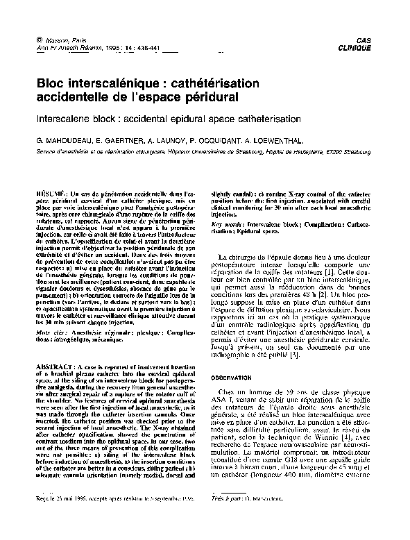 (PDF) Bloc interscalénique : cathétérisation accidentelle de l'espace ...