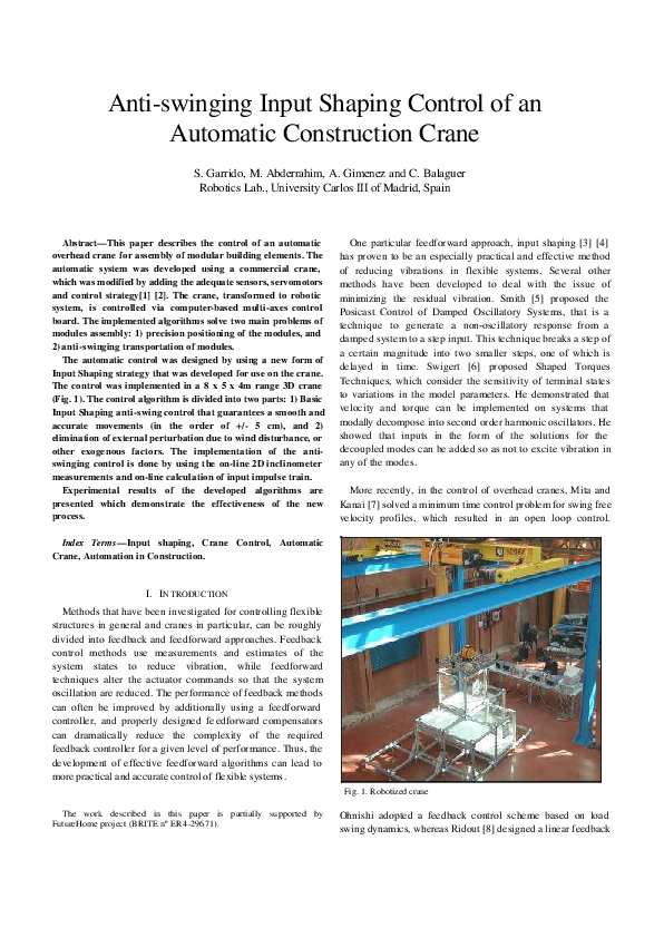 (PDF) Anti-Swinging Input Shaping Control of an Automatic Construction Crane