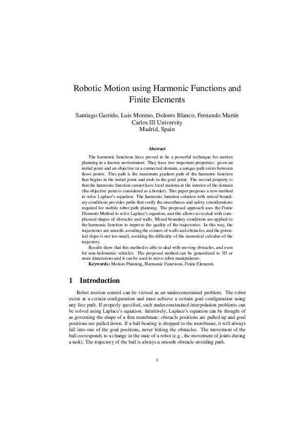 (PDF) Robotic Motion Using Harmonic Functions and Finite Elements