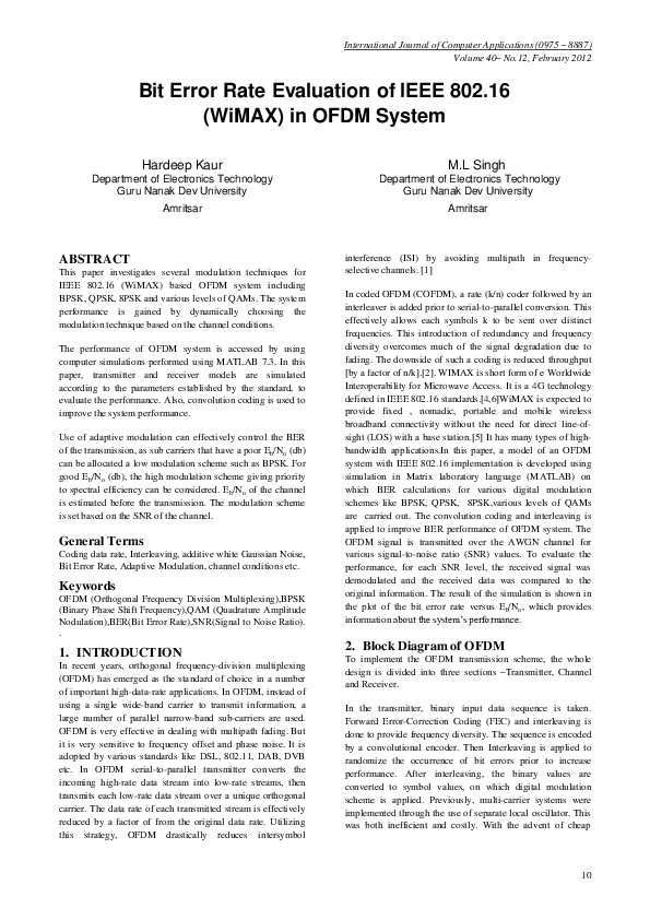 Pdf Bit Error Rate Evaluation Of Ieee 802 16 Wimax In Ofdm System