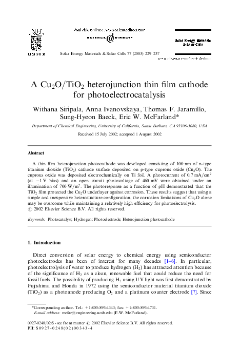 (PDF) A Cu2O/TiO2 heterojunction thin film cathode for ...